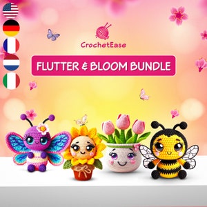 Flutter & Bloom Bundle - Crochet Patterns in 5 Languages (butterfly, Sunflower Pot, Tulip Plant ...