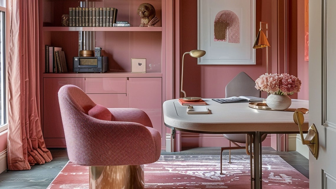 Pretty Virtual Home Office Background for Video Calls in Pink, Cream ...