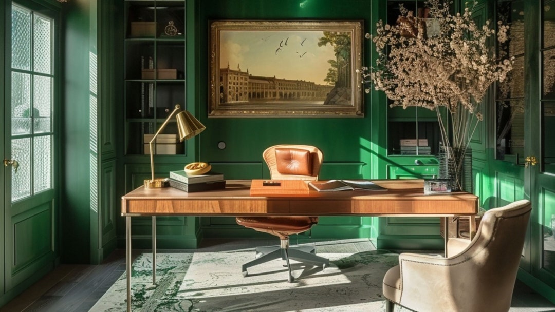 Elegant Virtual Home Office Background for Video Calls in Emerald Green ...