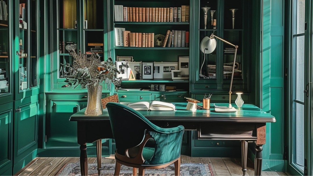 Elegant Virtual Home Office Background for Video Calls in Emerald Green ...