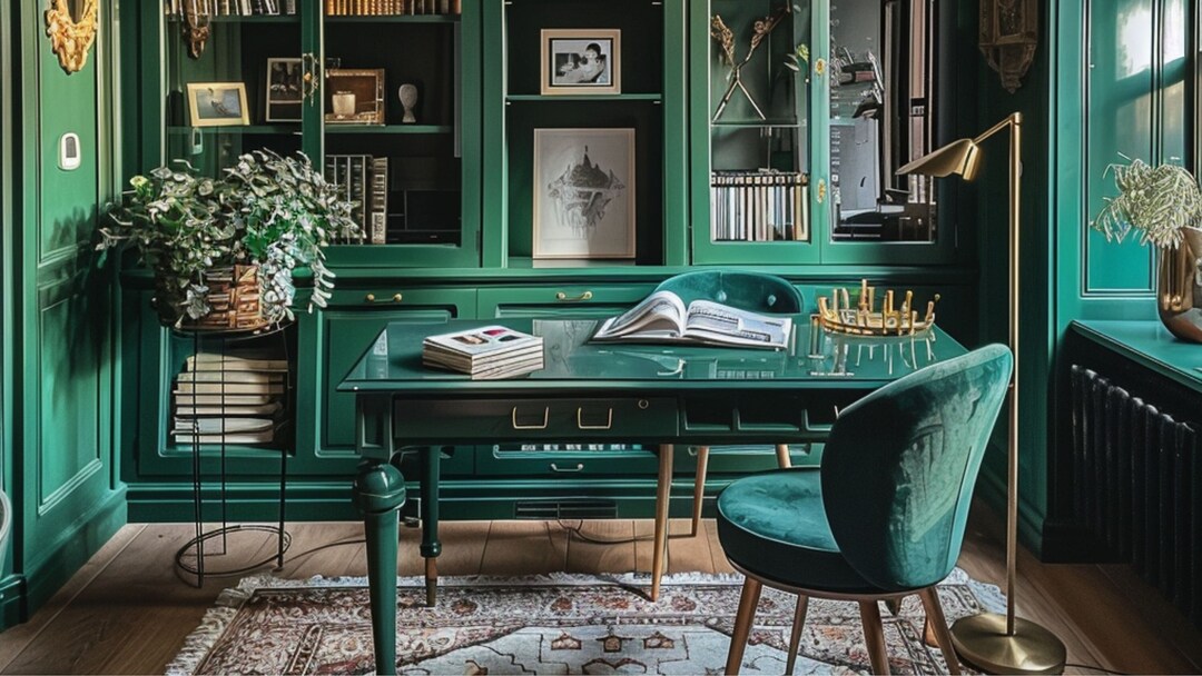 Elegant Virtual Home Office Background for Video Calls in Emerald Green ...