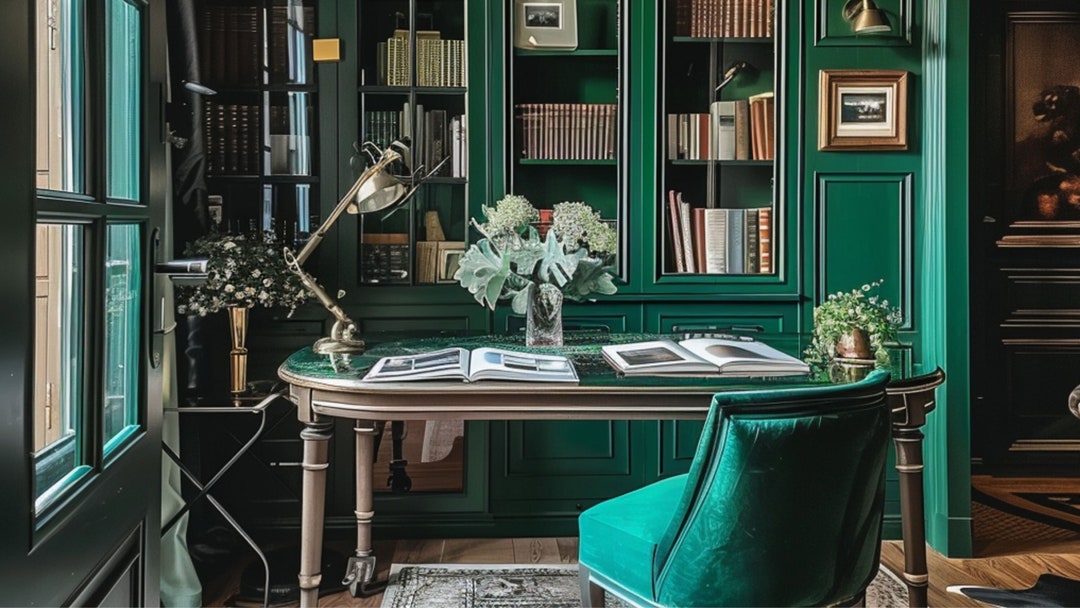 Elegant Virtual Home Office Background for Video Calls in Emerald Green ...