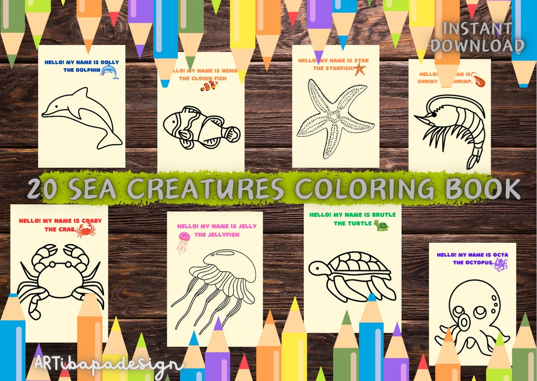 20 Digital Sea Creatures Coloring Book 20 Different Coloring Sea ...
