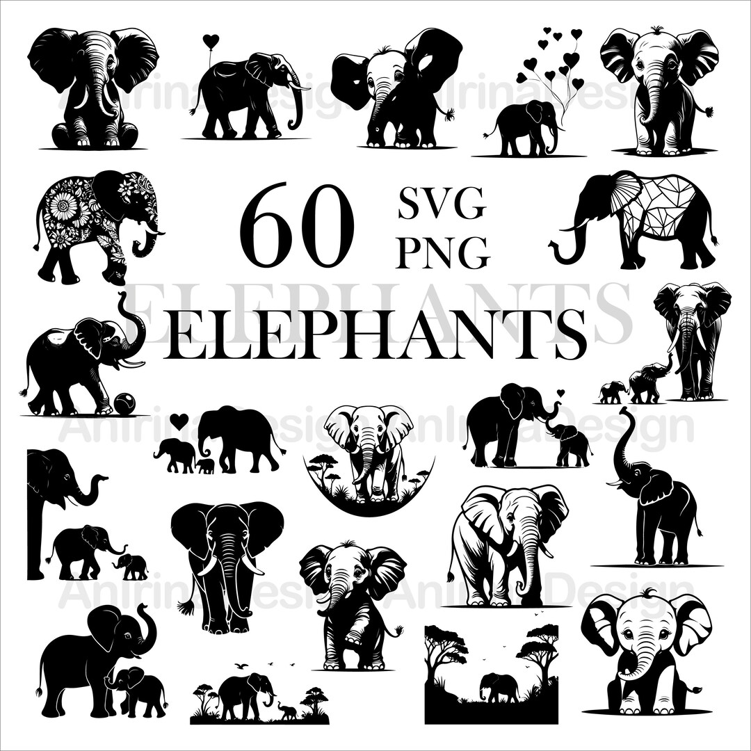 Set of SVG Elephants, PNG, Graphic Drawing, Elephant Silhouette ...