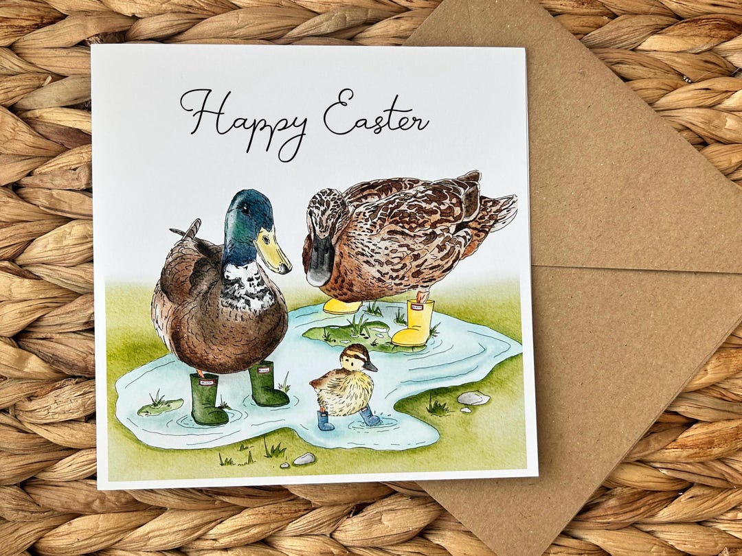 Happy Easter Duck and Duckling Family Card, Cute Easter Greeting Card, Farmyard Animal Easter ...