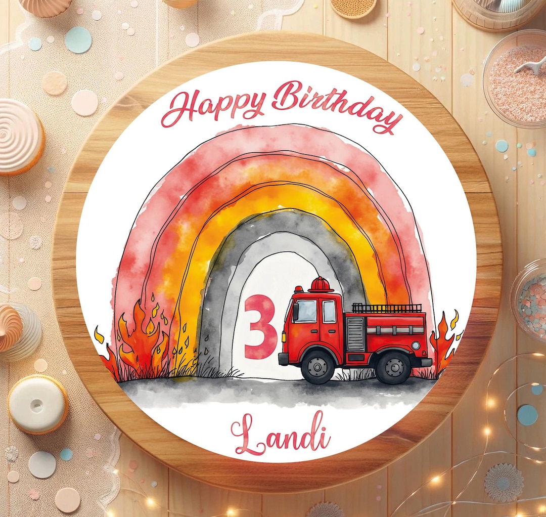 Cake Topper Fondant Birthday Rainbow Fire Engine Firefighter Adventure ...