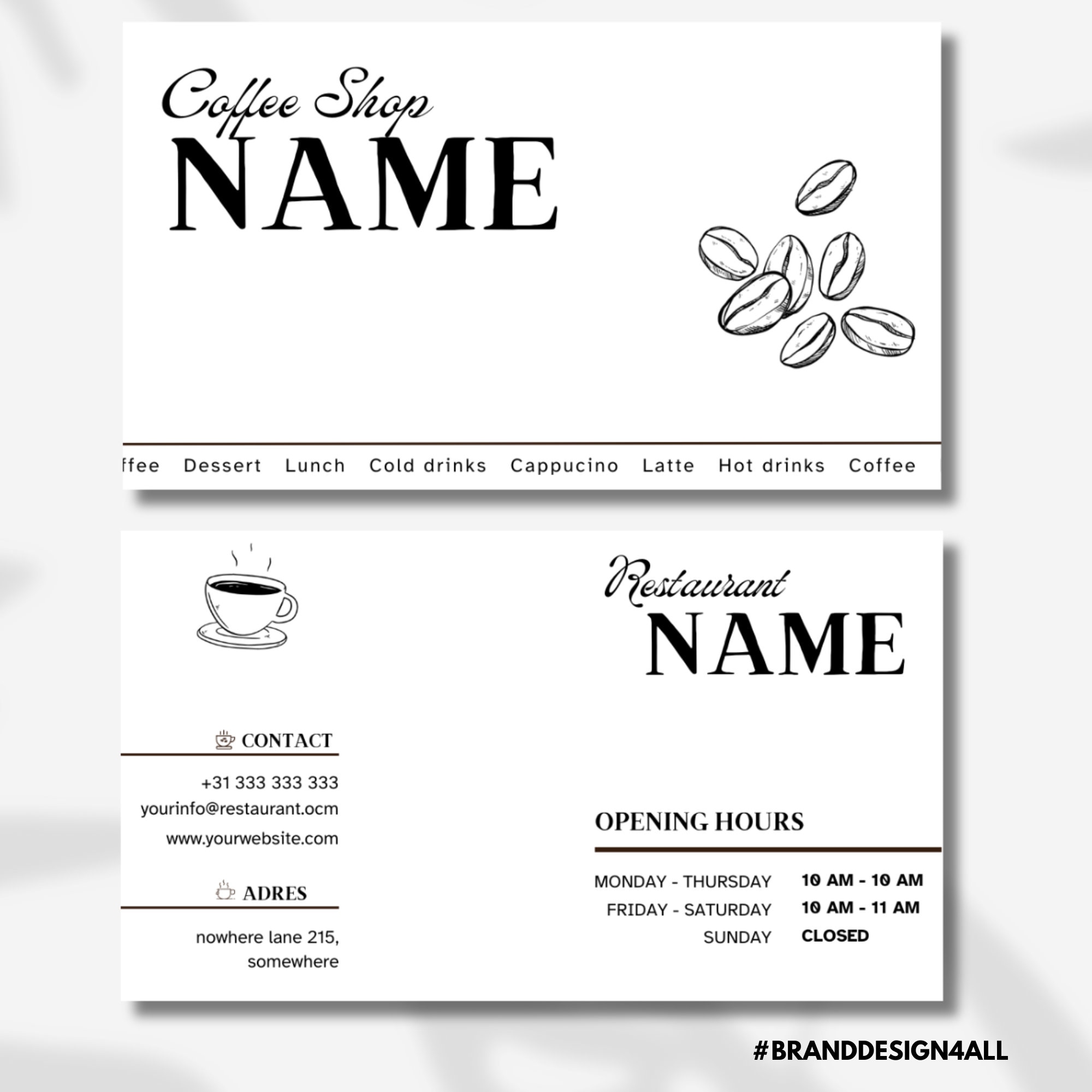 Business Card COFFEE SHOP Editable Diy Black and White Catering ...
