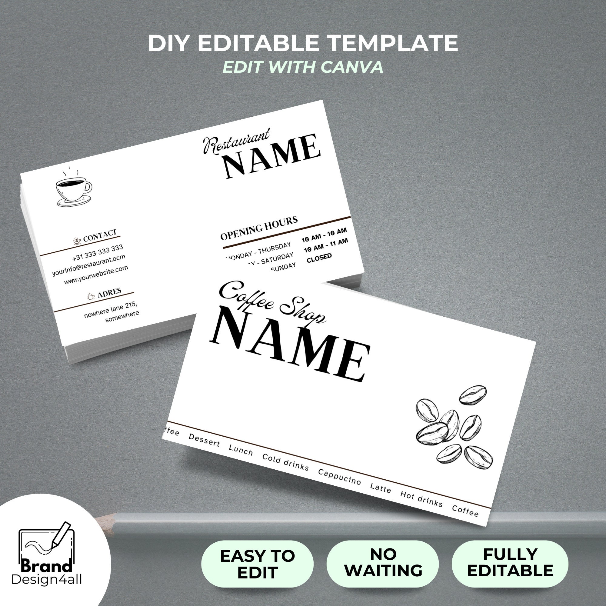 Business Card COFFEE SHOP Editable Diy Black and White Catering ...