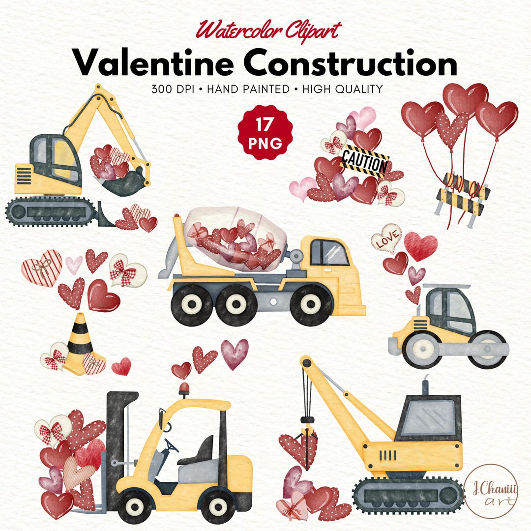 Watercolor Valentine Construction Clipart: Vehicle PNG Set (digital ...