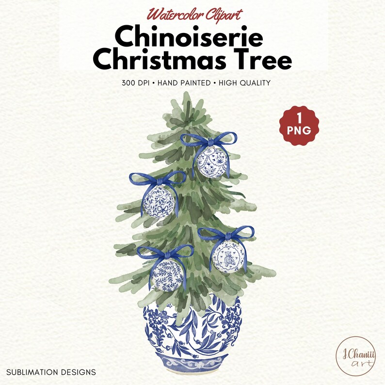 Chinoiserie Christmas Tree PNG, Watercolor Christmas Clipart ...