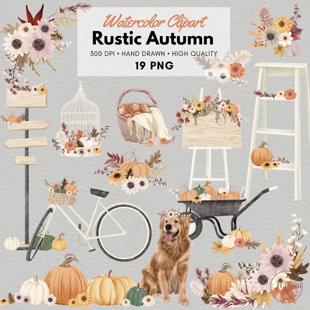 Rustic Fall Clipart, Watercolor Rustic Autumn Clip Art, Hello Autumn ...