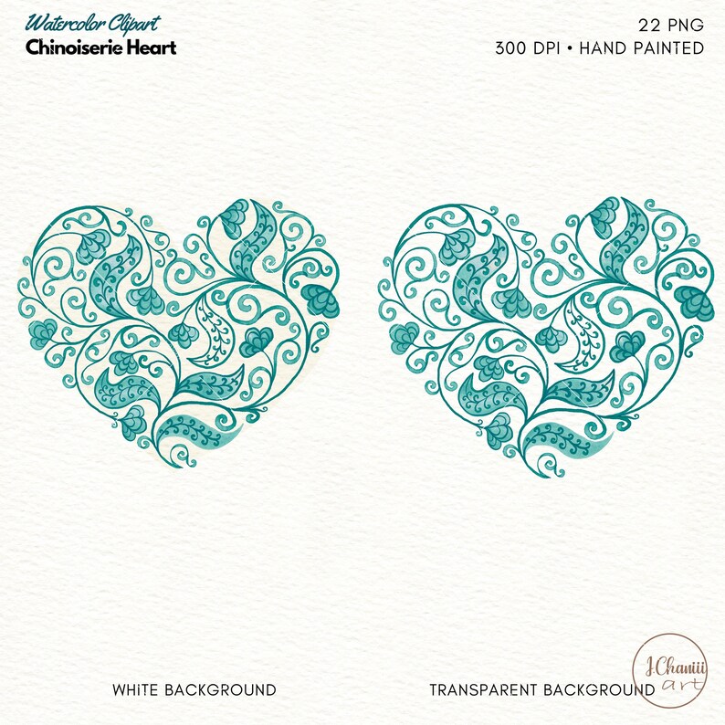 Chinoiserie Heart Clipart: Watercolor Floral Valentine PNG (commercial ...