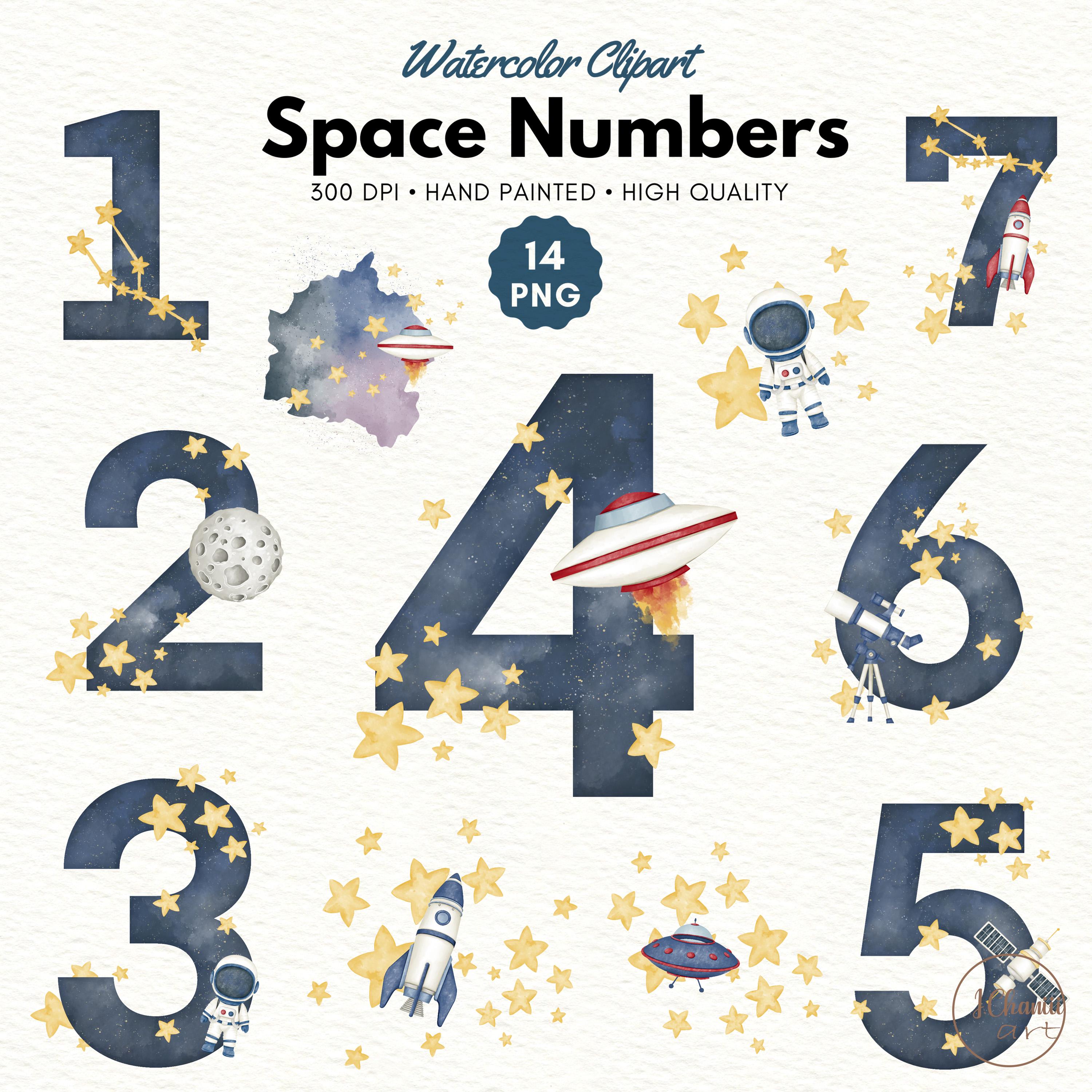 Space Numbers Clipart, Watercolor Cute Numbers Clip Art, 0-9 Numbers ...