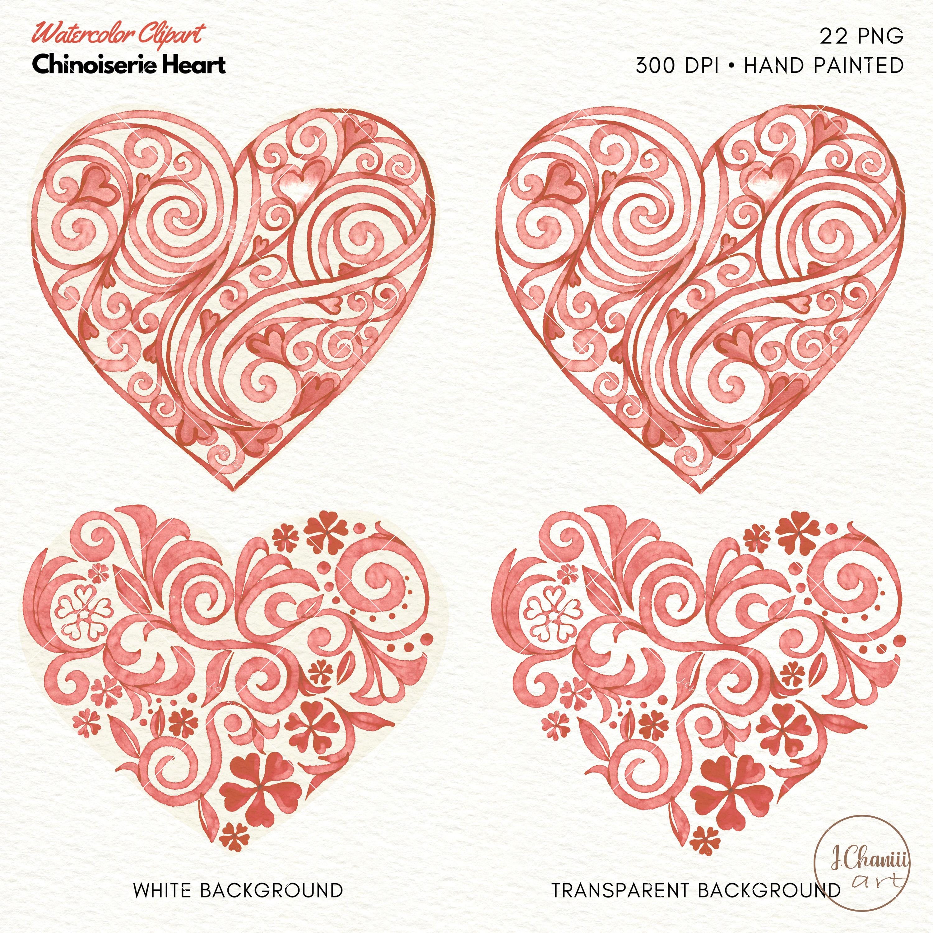 Watercolor Valentine Clipart, Chinoiserie Heart Clipart, Chinoiserie ...