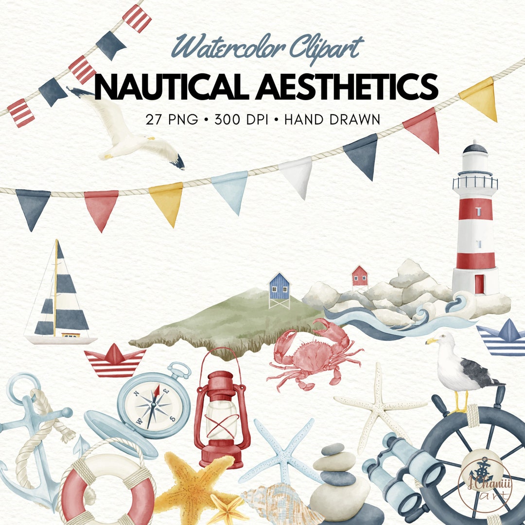 Watercolor Nautical Aesthetics Clipart, Beach, Marine, Sea, Lighthouse ...