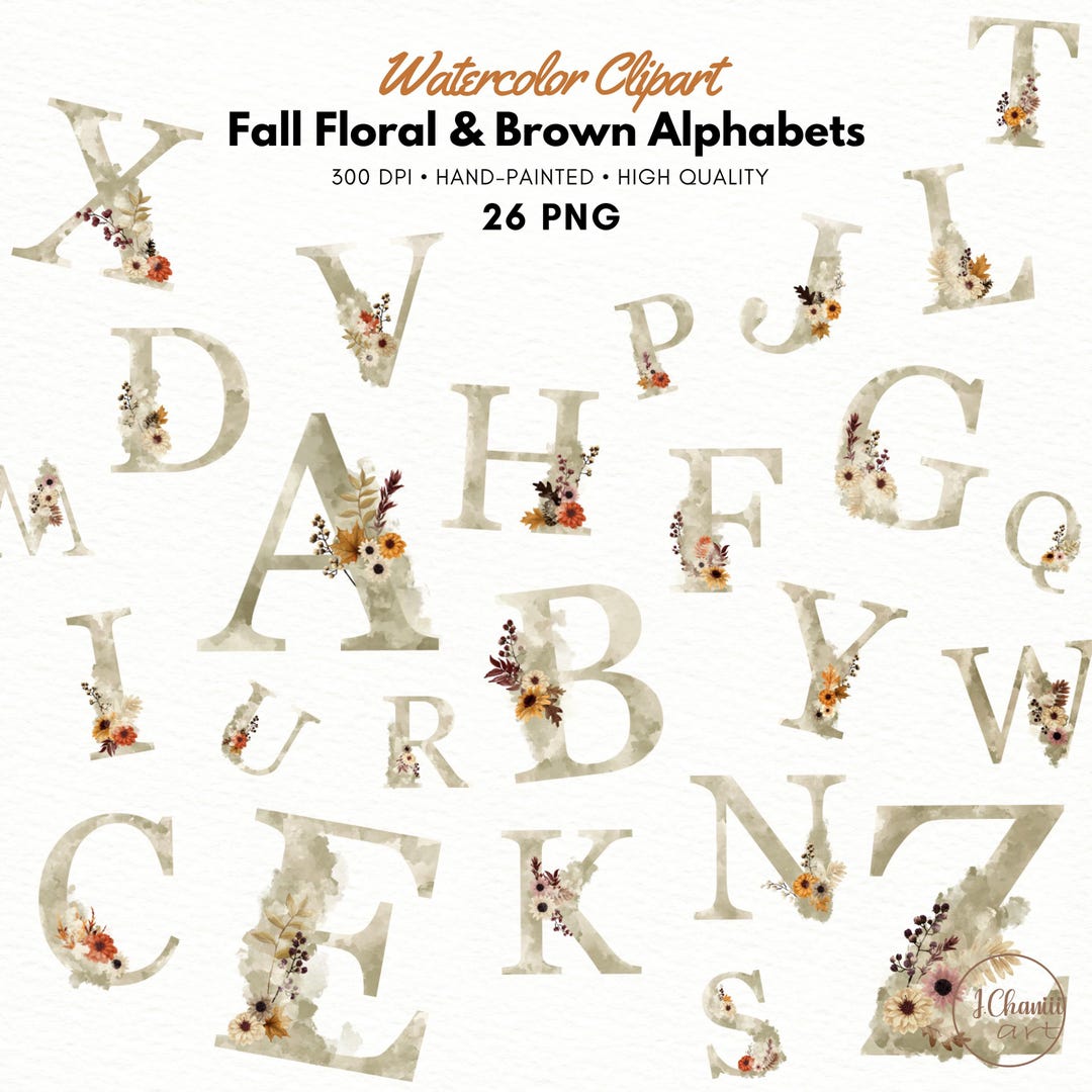 Fall Floral Brown Alphabets Clipart Set, Watercolor Fall Letters ...