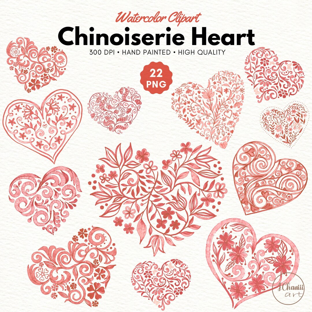 Watercolor Valentine Clipart, Chinoiserie Heart Clipart, Chinoiserie ...
