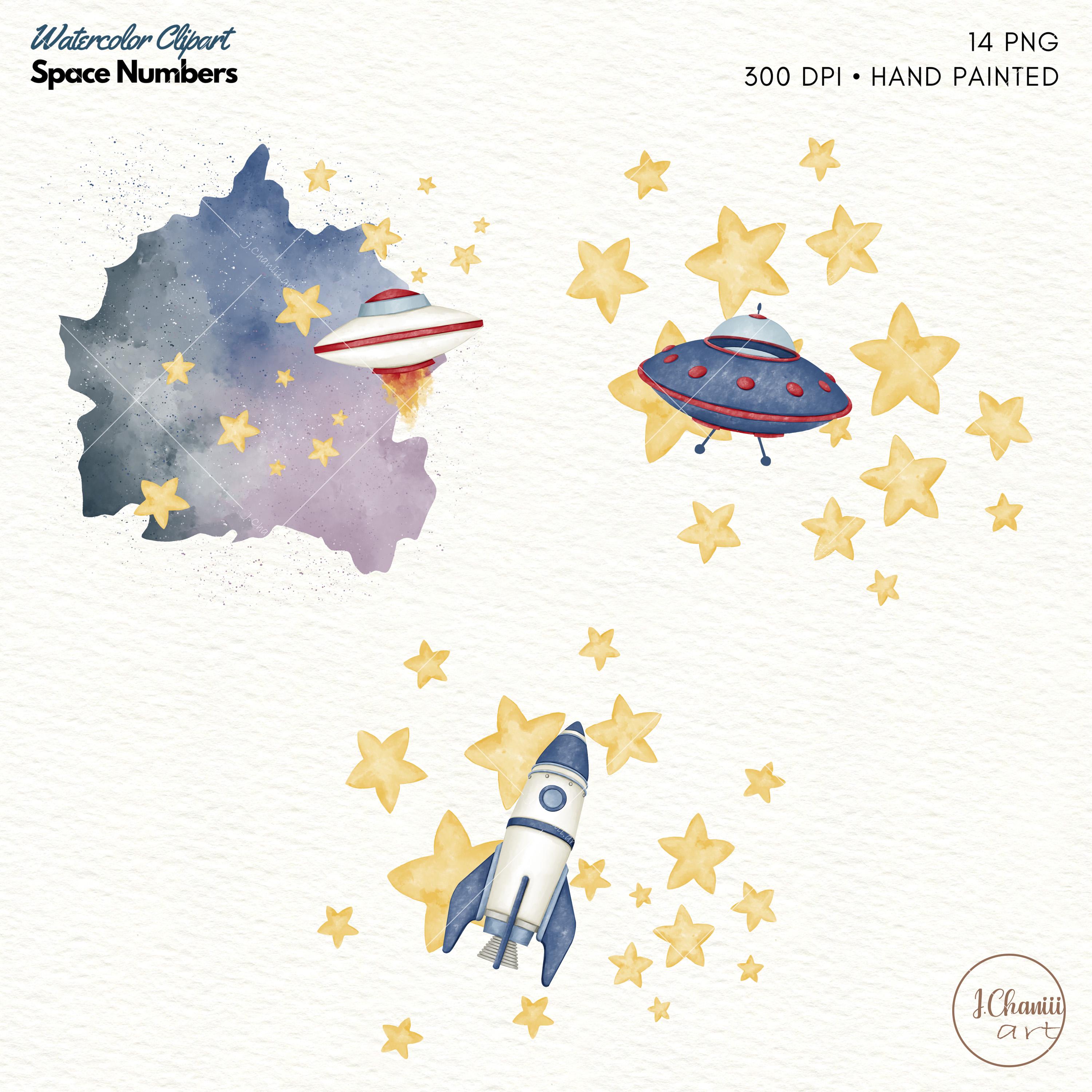 Space Numbers Clipart, Watercolor Cute Numbers Clip Art, 0-9 Numbers ...