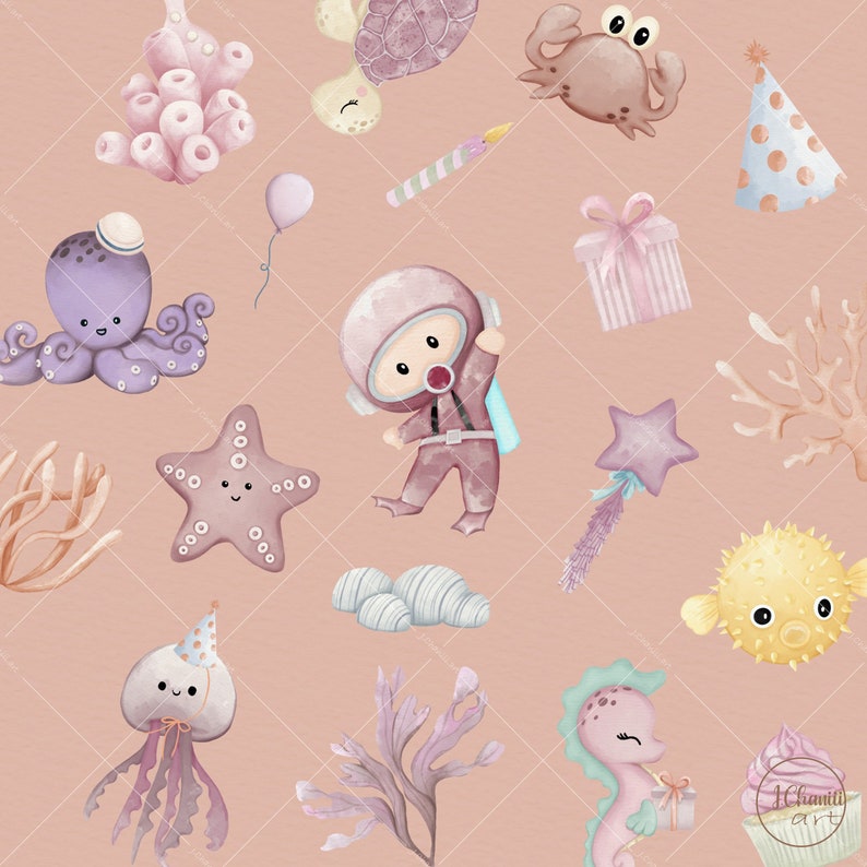 Under the Sea Pink Birthday Party Watercolor Clipart, Birthday Clipart ...
