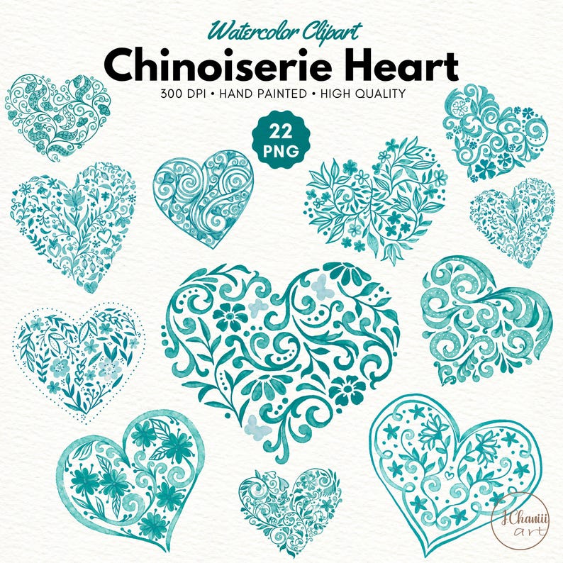 Chinoiserie Heart Clipart: Watercolor Floral Valentine PNG (commercial ...