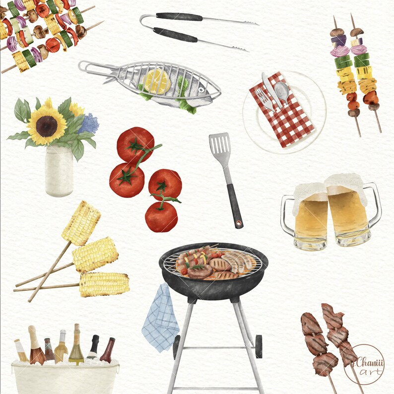 BBQ Party Clipart, Watercolor Backyard BBQ Grill, American Culture ...
