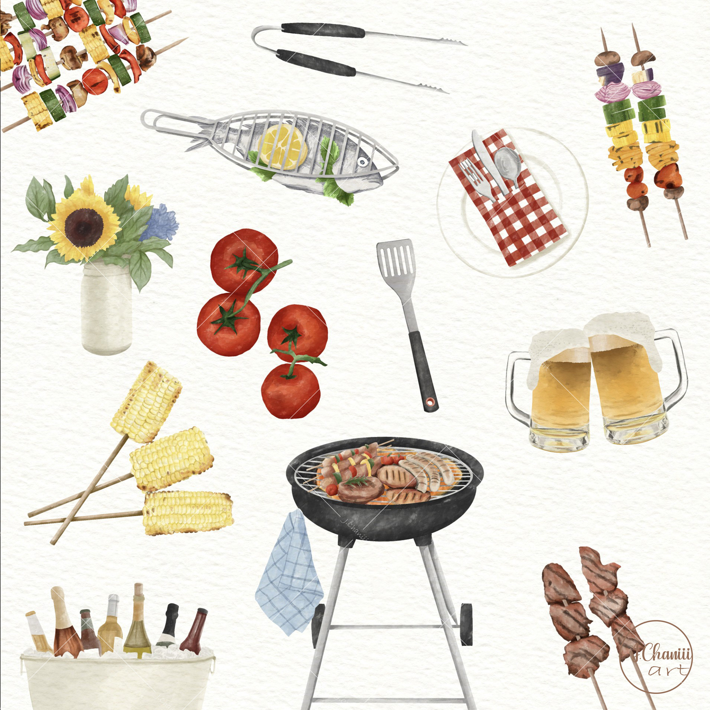 BBQ Party Clipart, Watercolor Backyard BBQ Grill, American Culture ...