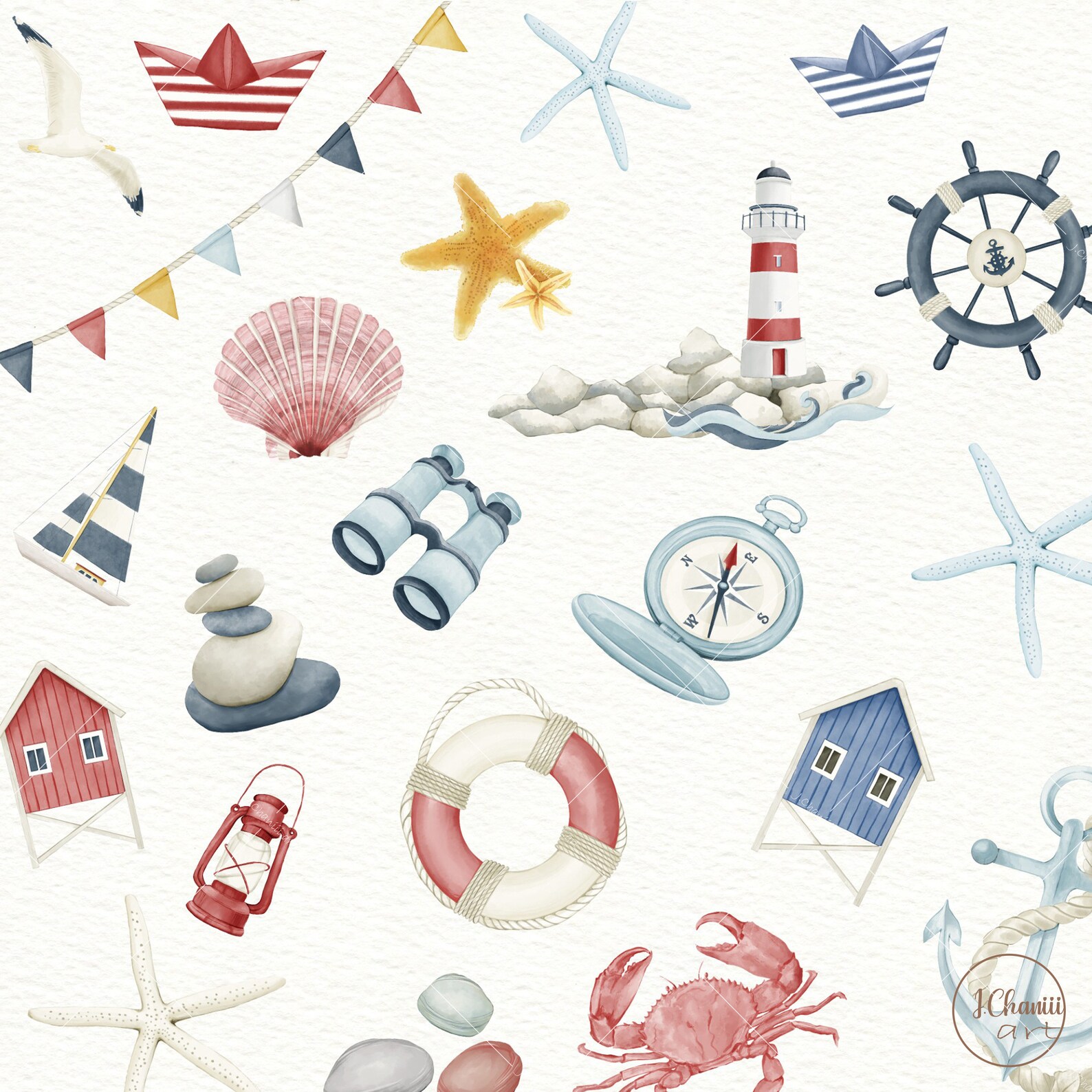 Watercolor Nautical Clipart: Beach, Marine, Sea (PNG, Commercial Use ...