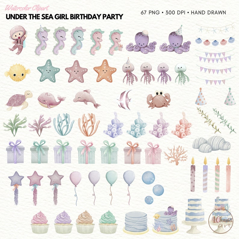 Under the Sea Pink Birthday Party Watercolor Clipart, Birthday Clipart ...