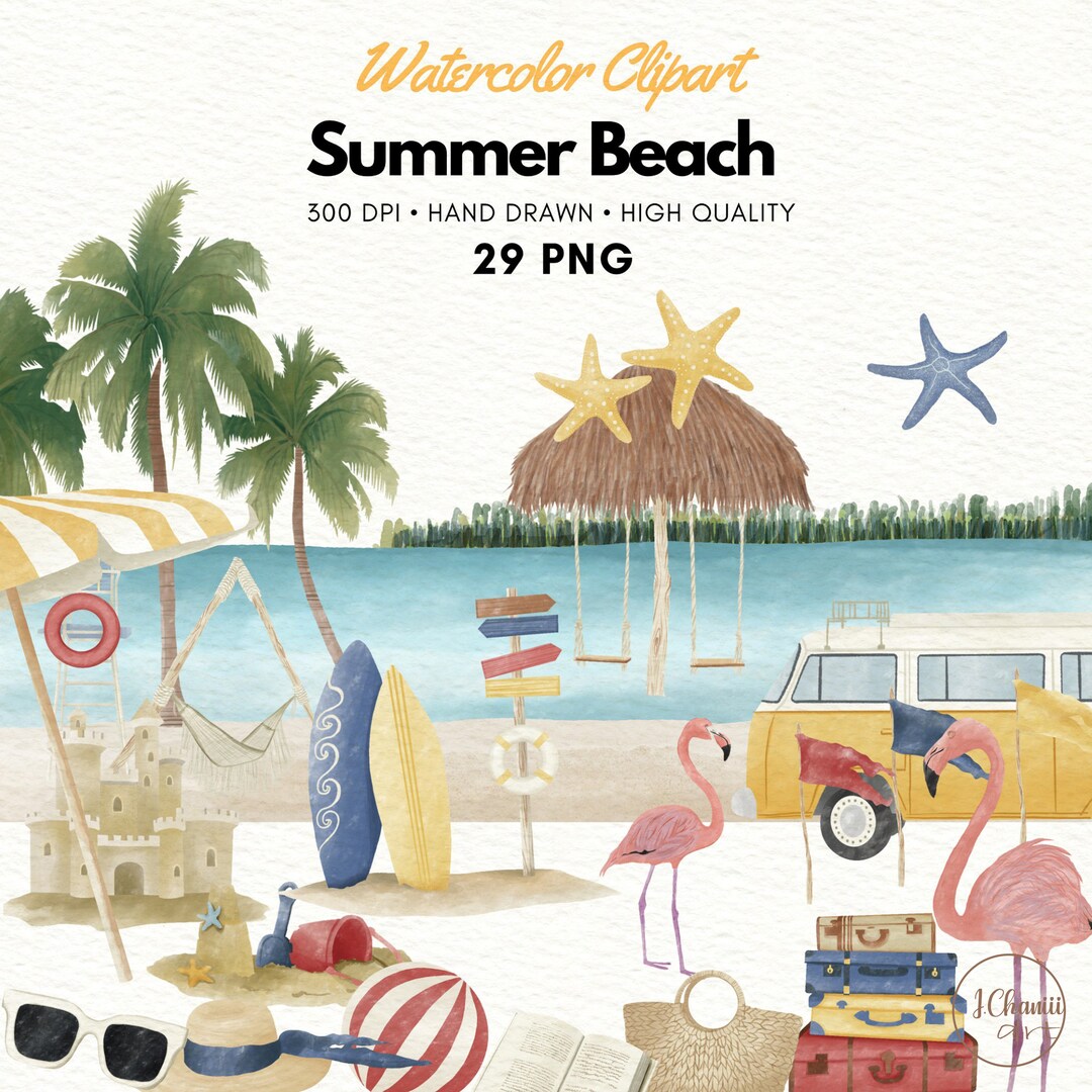Summer Beach Clipart, Watercolor Summer Vibes Clipart, Tropical Clipart ...