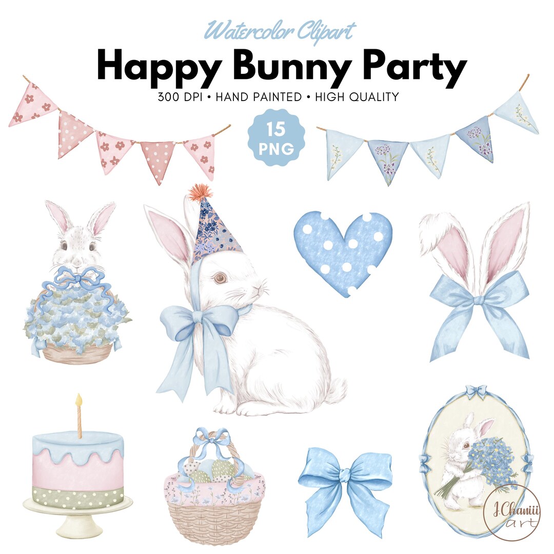 Happy Bunny Party Clipart, Watercolor Cute Easter Rabbit PNG, Spring ...