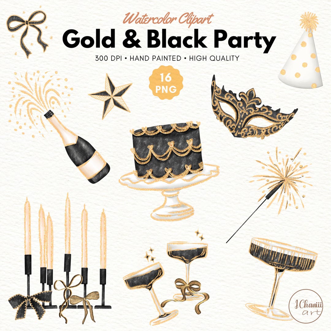 Watercolor Gold & Black Party Clipart: New Year PNG (digital Download ...