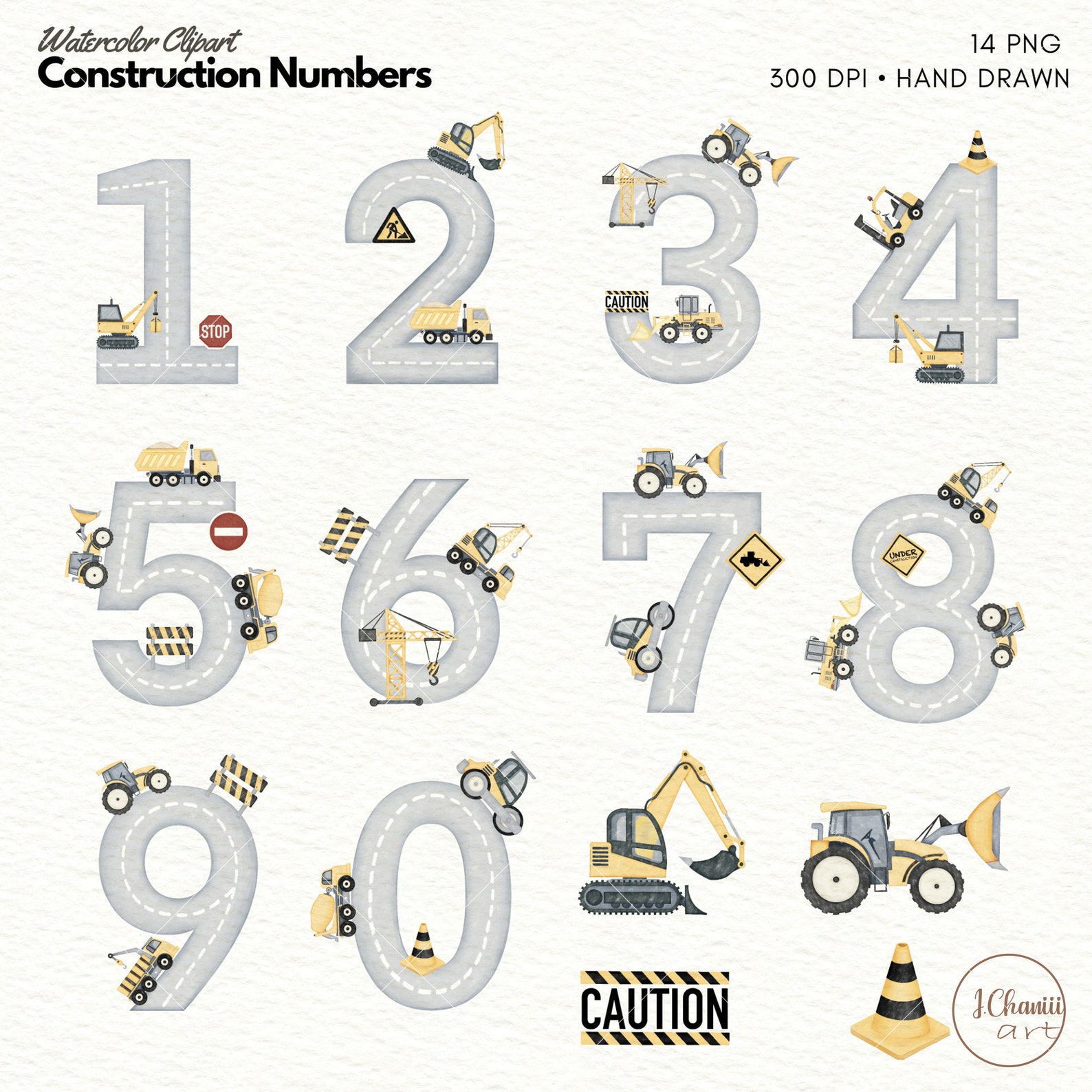 Watercolor Construction Numbers Clipart: Vehicle Birthday (PNG) - Etsy
