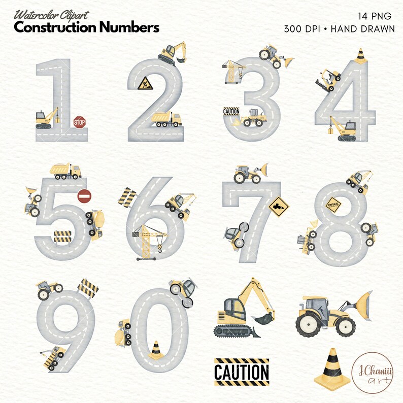 Construction Numbers Clipart, Watercolor Cute Numbers Clip Art, 0-9 ...