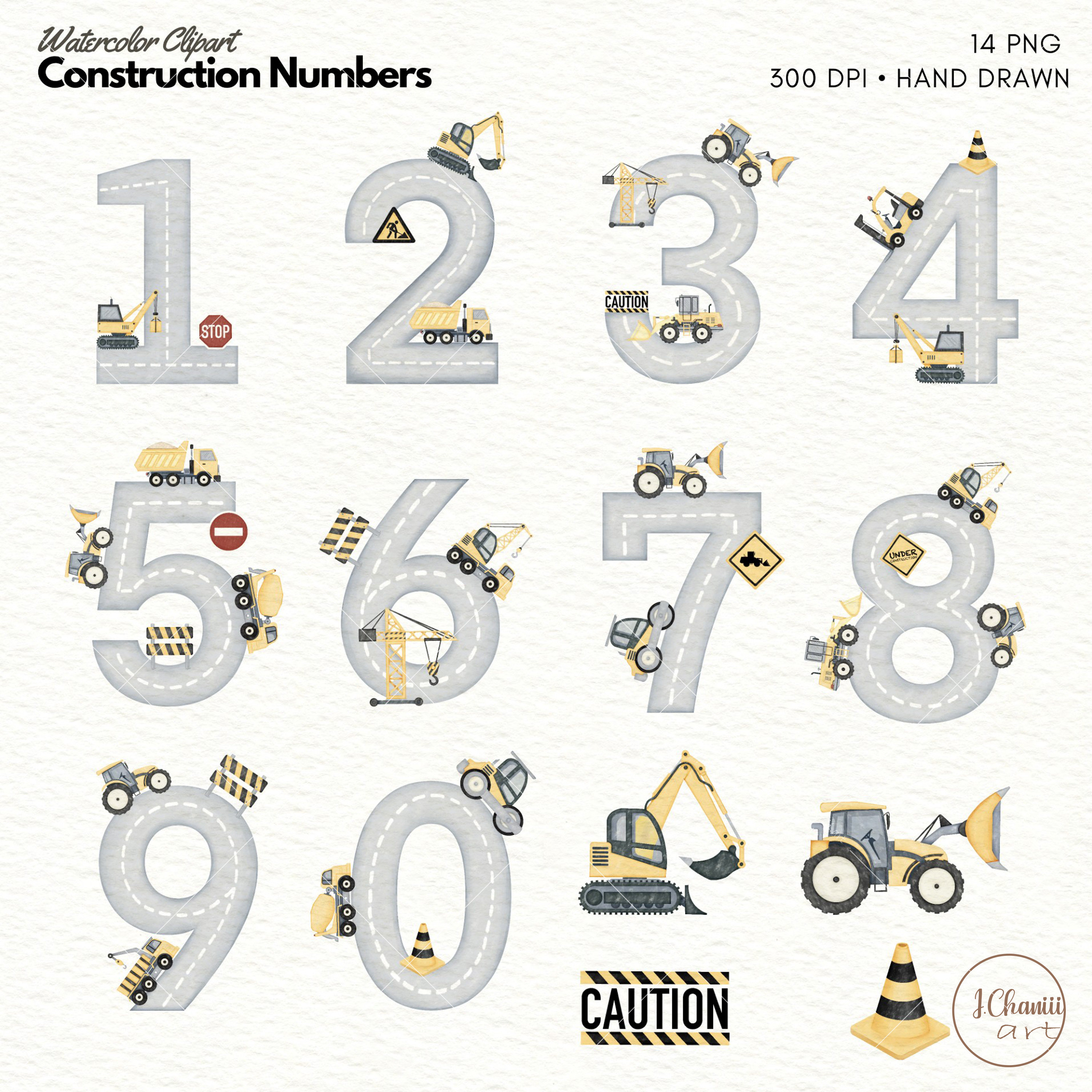 Watercolor Construction Numbers Clipart: Vehicle Birthday (PNG) - Etsy