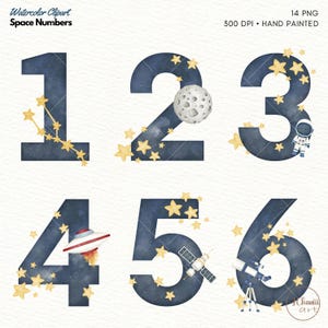 Space Numbers Clipart, Watercolor Cute Numbers Clip Art, 0-9 Numbers ...