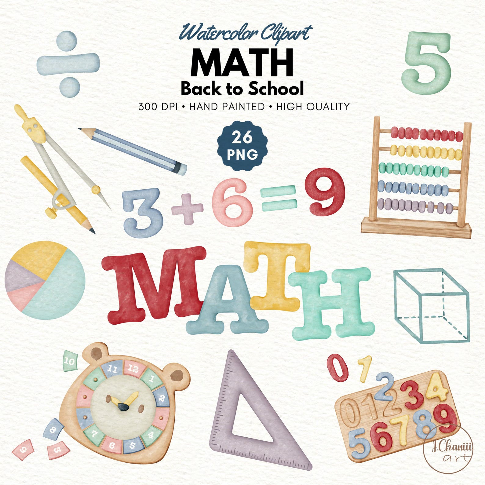 Watercolor Math Clipart: Back to School, Teacher Supplies (PNG Files ...