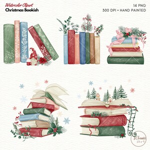 Christmas Books Clipart, Watercolor Christmas Bookish PNG, Cozy Readers ...