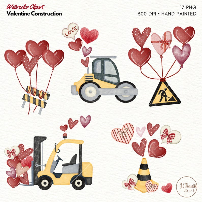Watercolor Valentine Construction Clipart: Vehicle PNG Set (digital ...