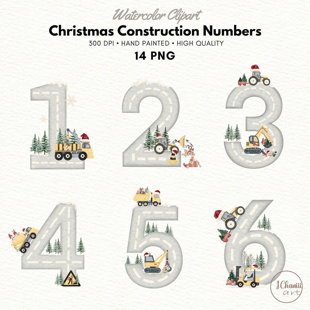 Christmas Construction Numbers Clipart, Watercolor Cute Numbers Clip ...