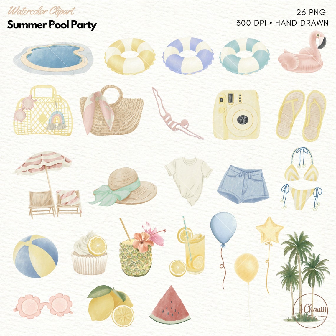Summer Pool Party Clipart, Watercolor Summer Clipart, Pool Party ...
