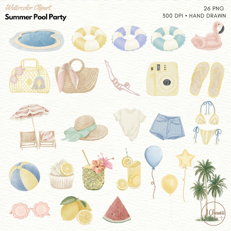 Summer Pool Party Clipart, Watercolor Summer Clipart, Pool Party ...
