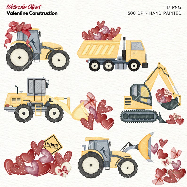 Watercolor Valentine Construction Clipart: Vehicle PNG Set (digital ...