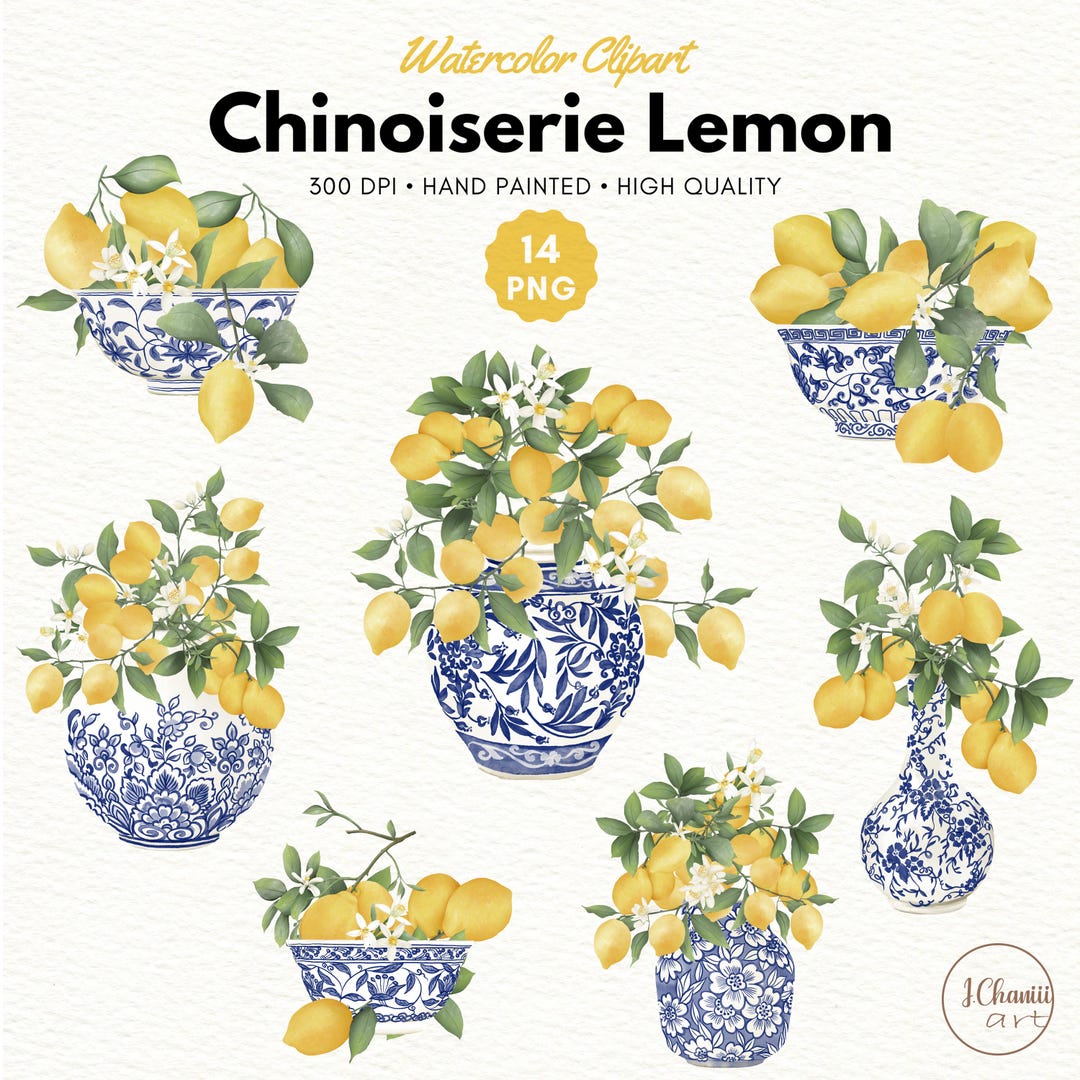 Watercolor Chinoiserie Lemon Clipart: Blue & White Vases (PNG) - Etsy