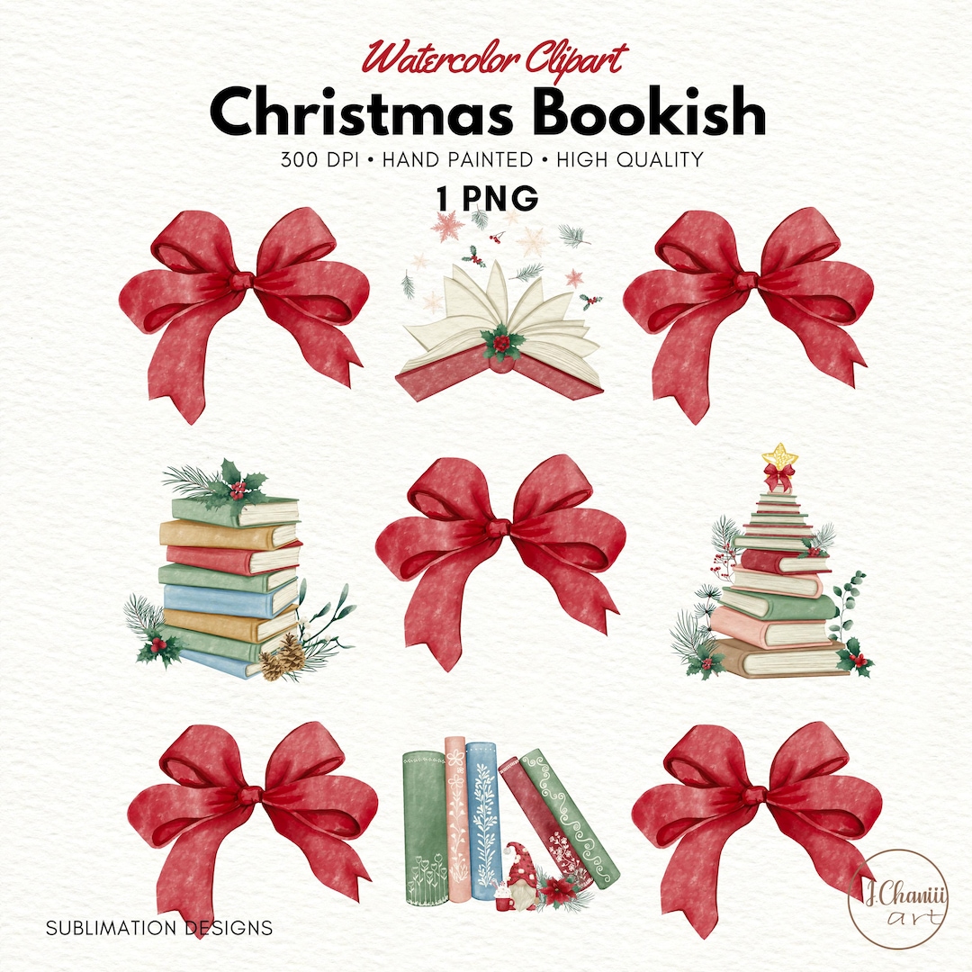 Christmas Bookish Bow PNG, Watercolor Christmas Clipart, Cozy Bookish ...