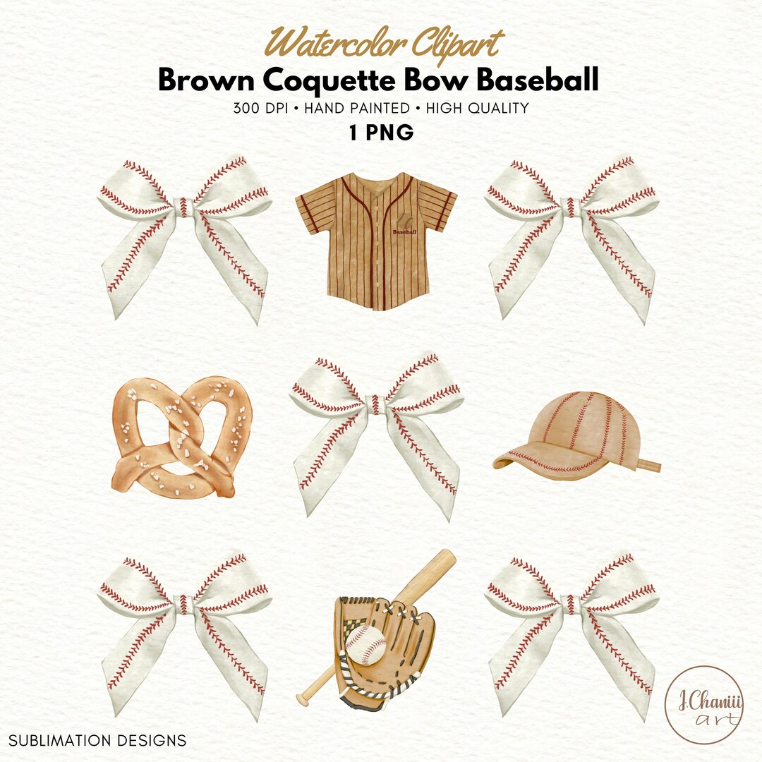 Brown Coquette Bow Baseball Clipart, Watercolor Baseball Clip Art, Hat ...