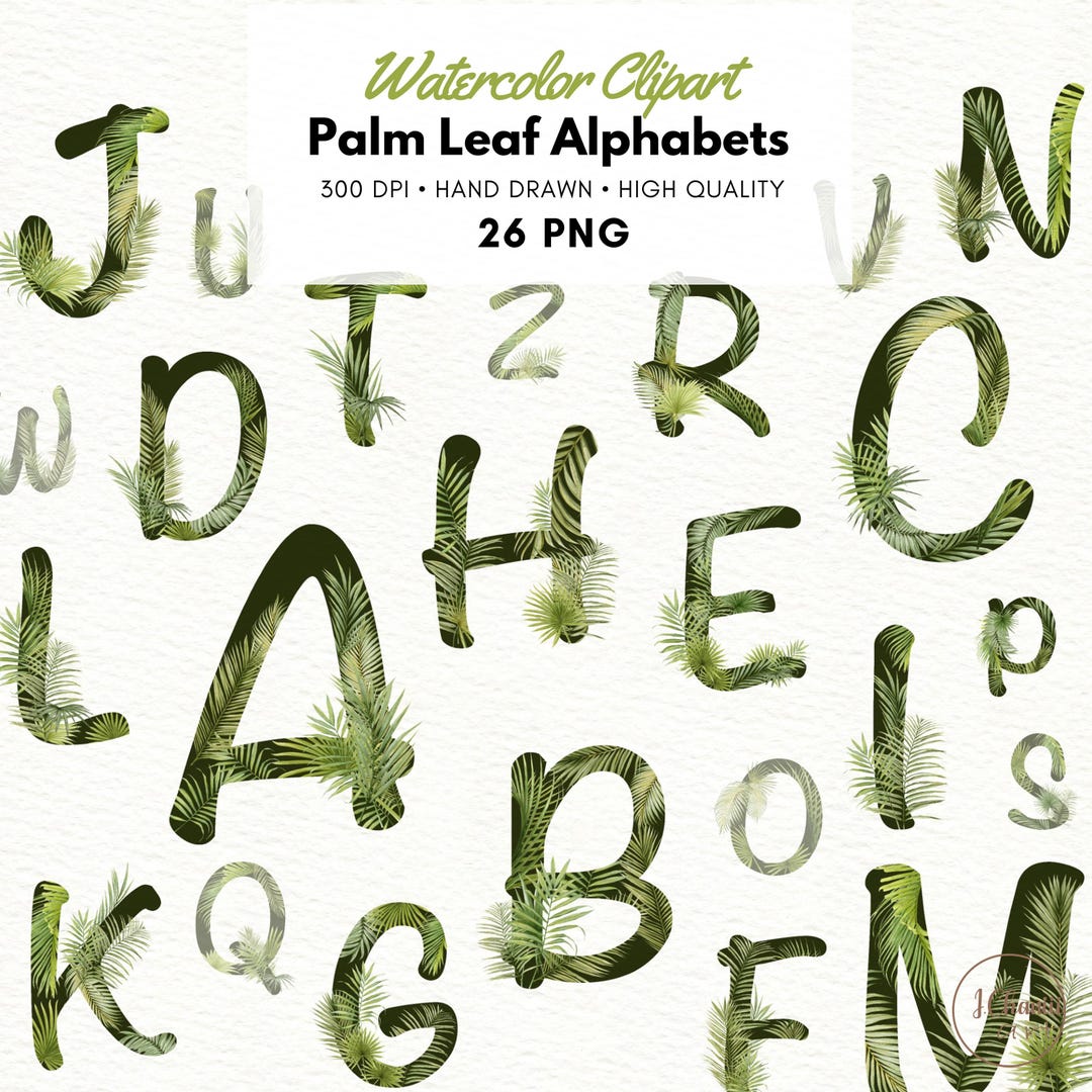 Palm Leaf Alphabet Clipart, Watercolor Tropical Leaves Alphabet Clip ...