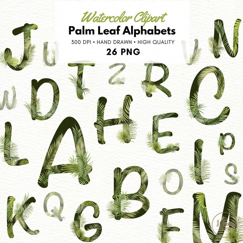 Palm Leaf Alphabet Clipart: Watercolor Tropical Letters (PNG) - Etsy