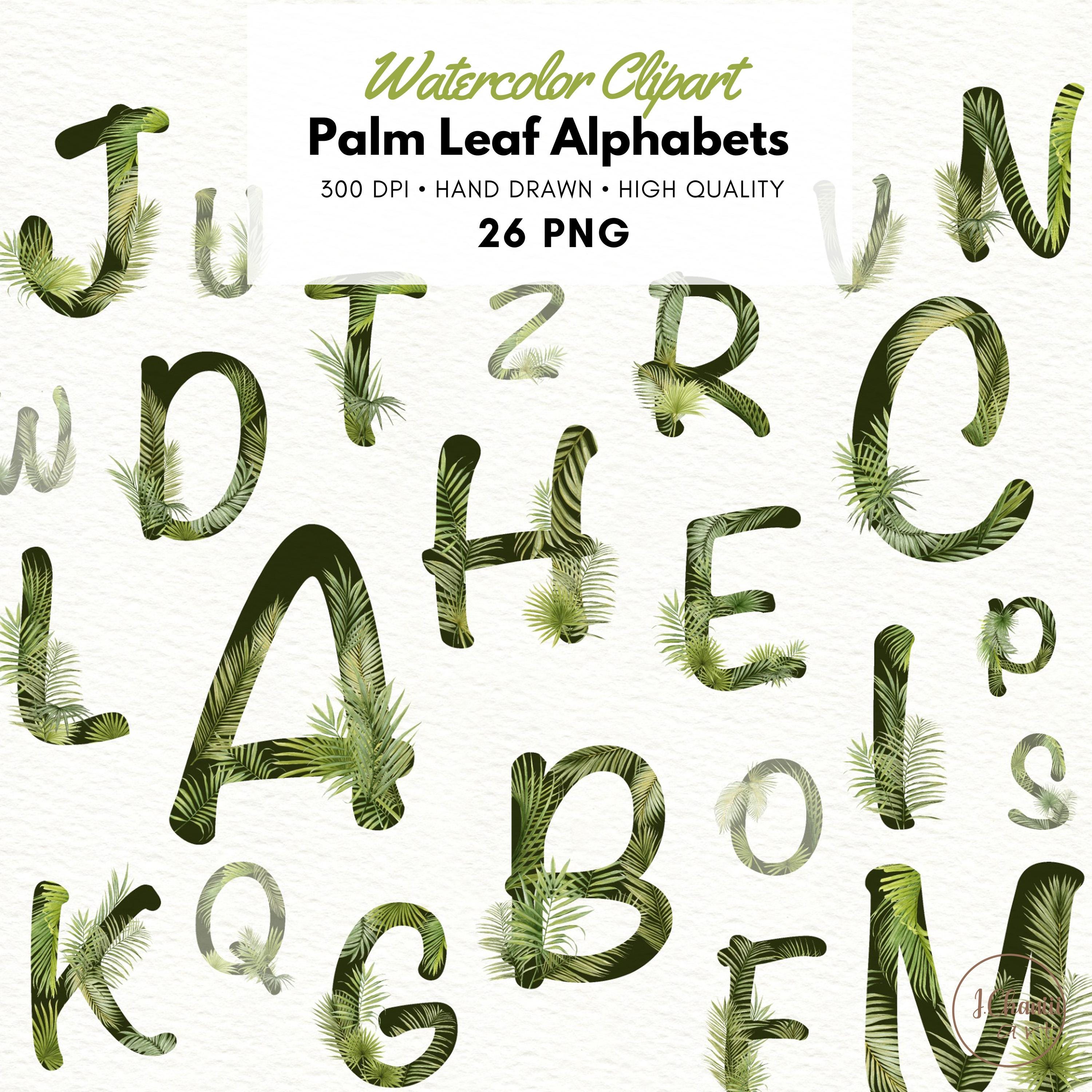 Palm Leaf Alphabet Clipart, Watercolor Tropical Leaves Alphabet Clip ...