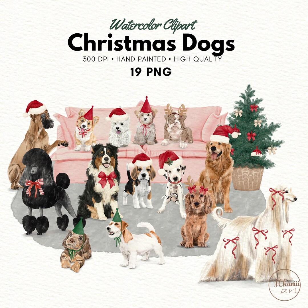 Christmas Dogs, Watercolor Christmas Dogs Clip Art, Hand Painted Dogs ...