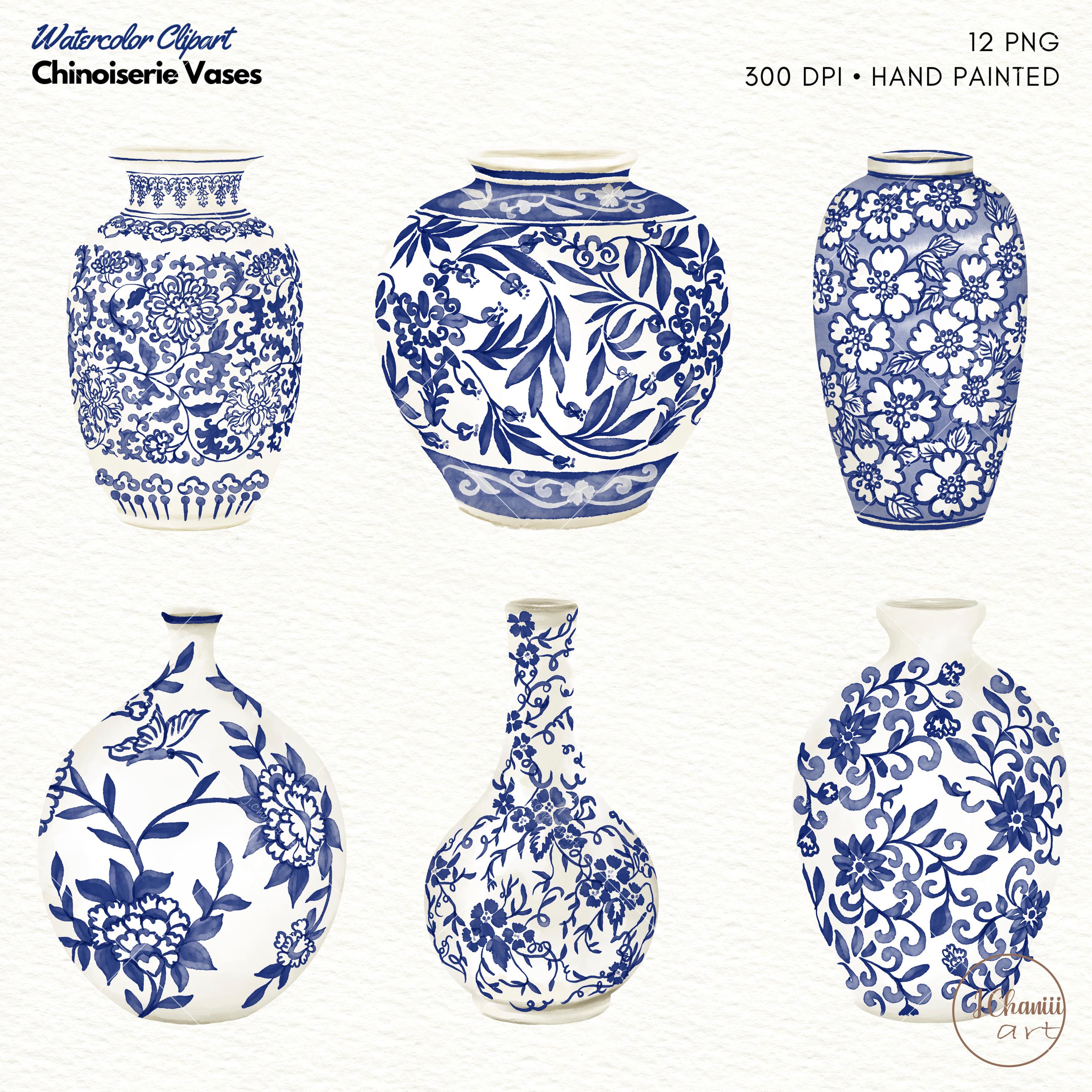 Chinoiserie Floral Vase Clipart, Watercolor Blue Chinoiserie Floral ...
